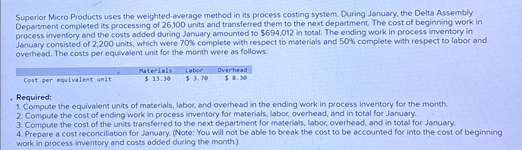 Solved Superior Micro Products uses the weighted-average | Chegg.com