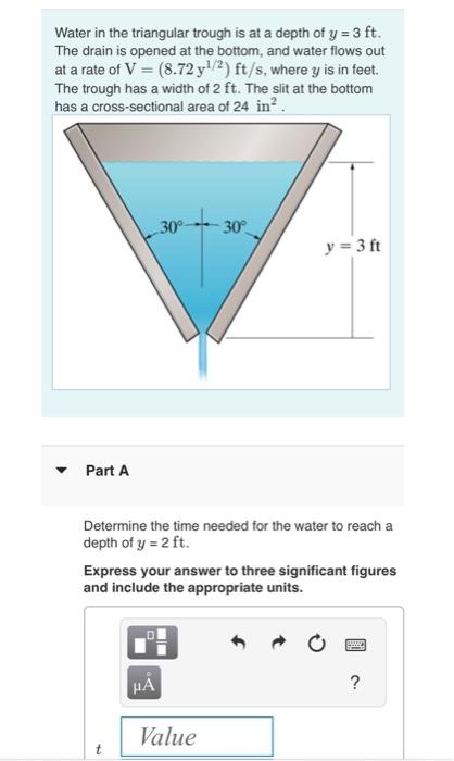 Solved Water in the triangular trough is at a depth of | Chegg.com