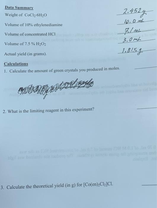 Solved Data Summary Weight of CoCl2 6H2O Volume of 10% | Chegg.com