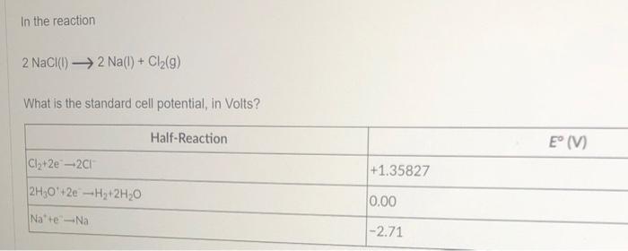 Solved In the reaction 2NaCl(l)→2Na(l)+Cl2( g) What is the | Chegg.com