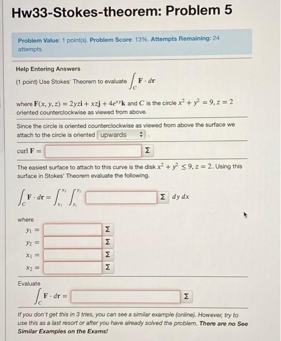 Solved Hw33-Stokes-theorem: Problem 5 Problem Value: 1 | Chegg.com