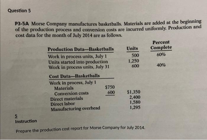 Solved P3-5A Morse Company manufactures basketballs. | Chegg.com
