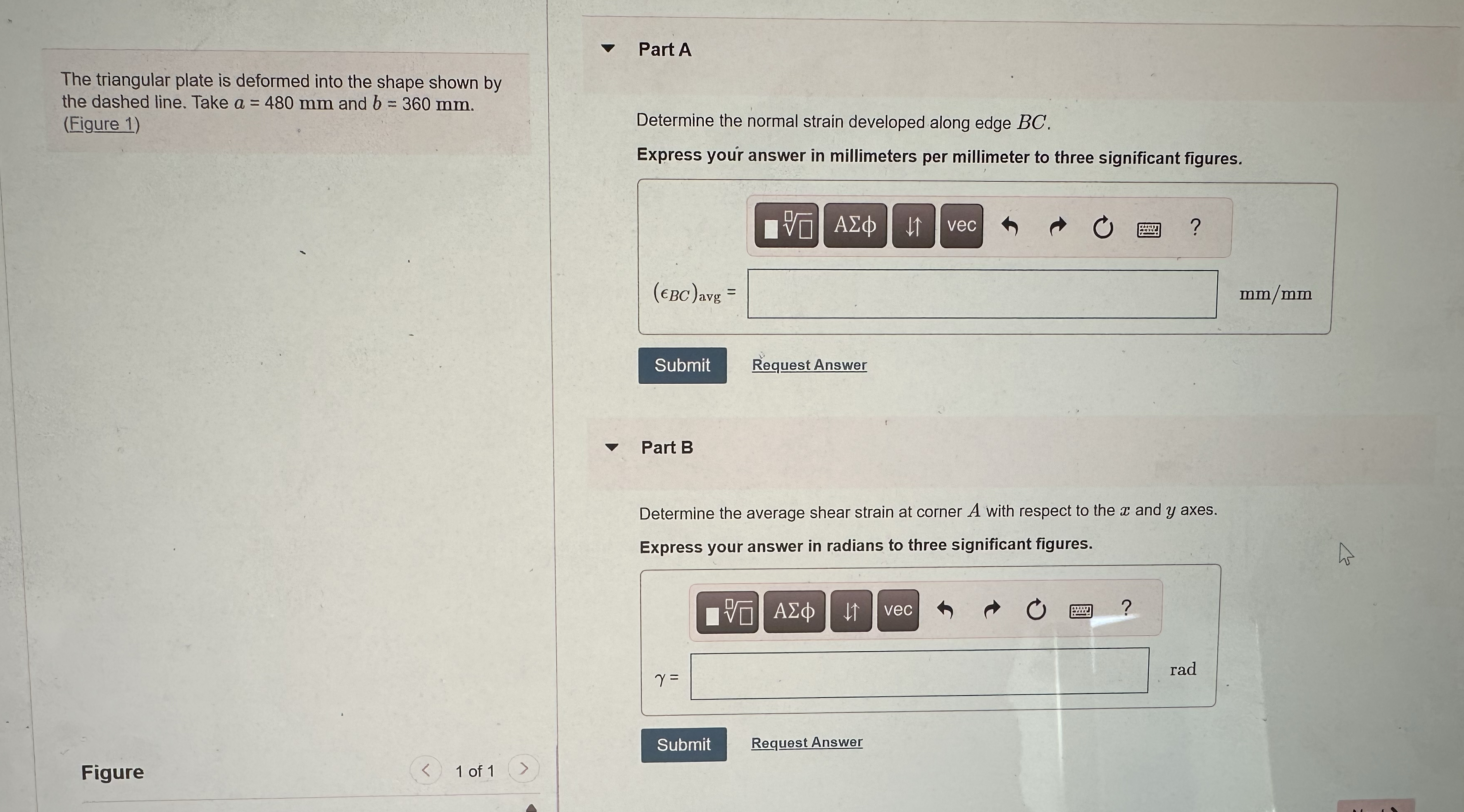 Solved The triangular plate is deformed into the shape shown | Chegg.com