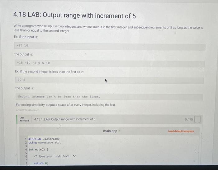 Solved 418 Lab Output Range With Increment Of 5 Write A 5402
