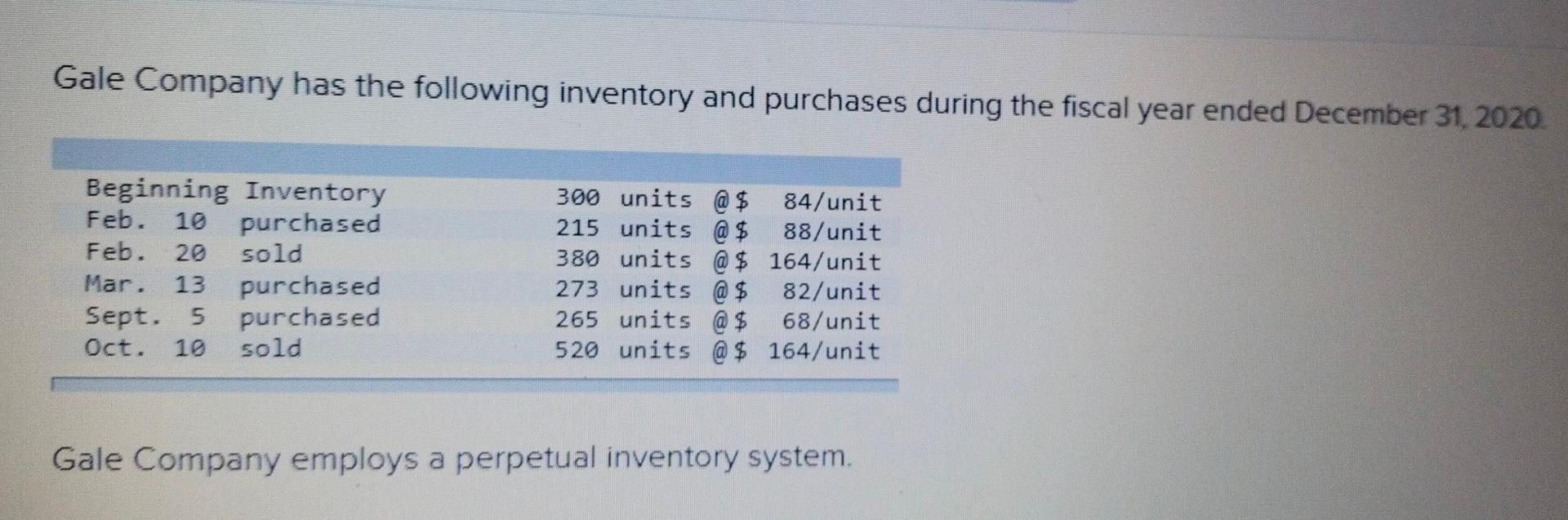 Solved Gale Company has the following inventory and | Chegg.com