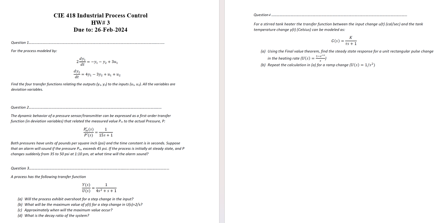 Solved Question 4For a stirred tank heater the transfer | Chegg.com
