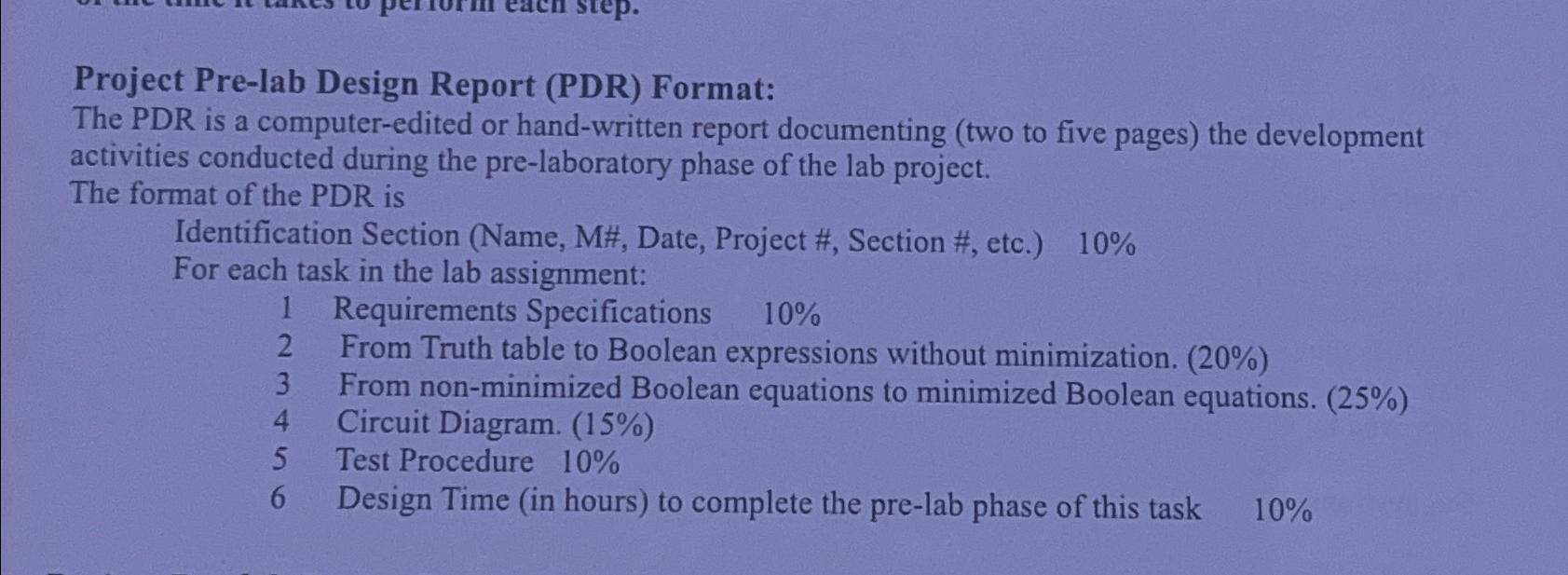 Solved Project Pre-lab Design Report (PDR) ﻿Format:The PDR | Chegg.com