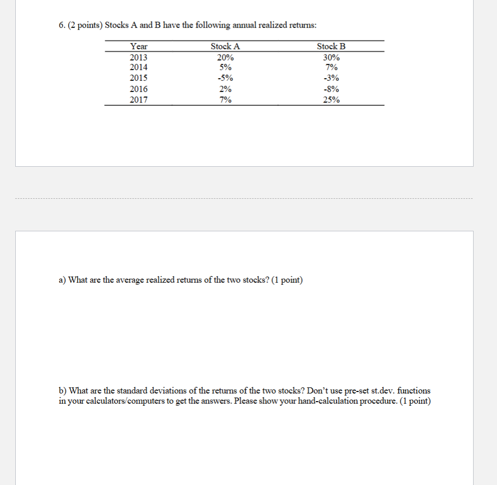 Solved 6. ( 2 ﻿points) ﻿Stocks A and B have the following | Chegg.com