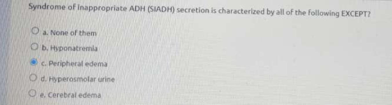 Solved Syndrome of inappropriate ADH (SIADH) ﻿secretion is | Chegg.com