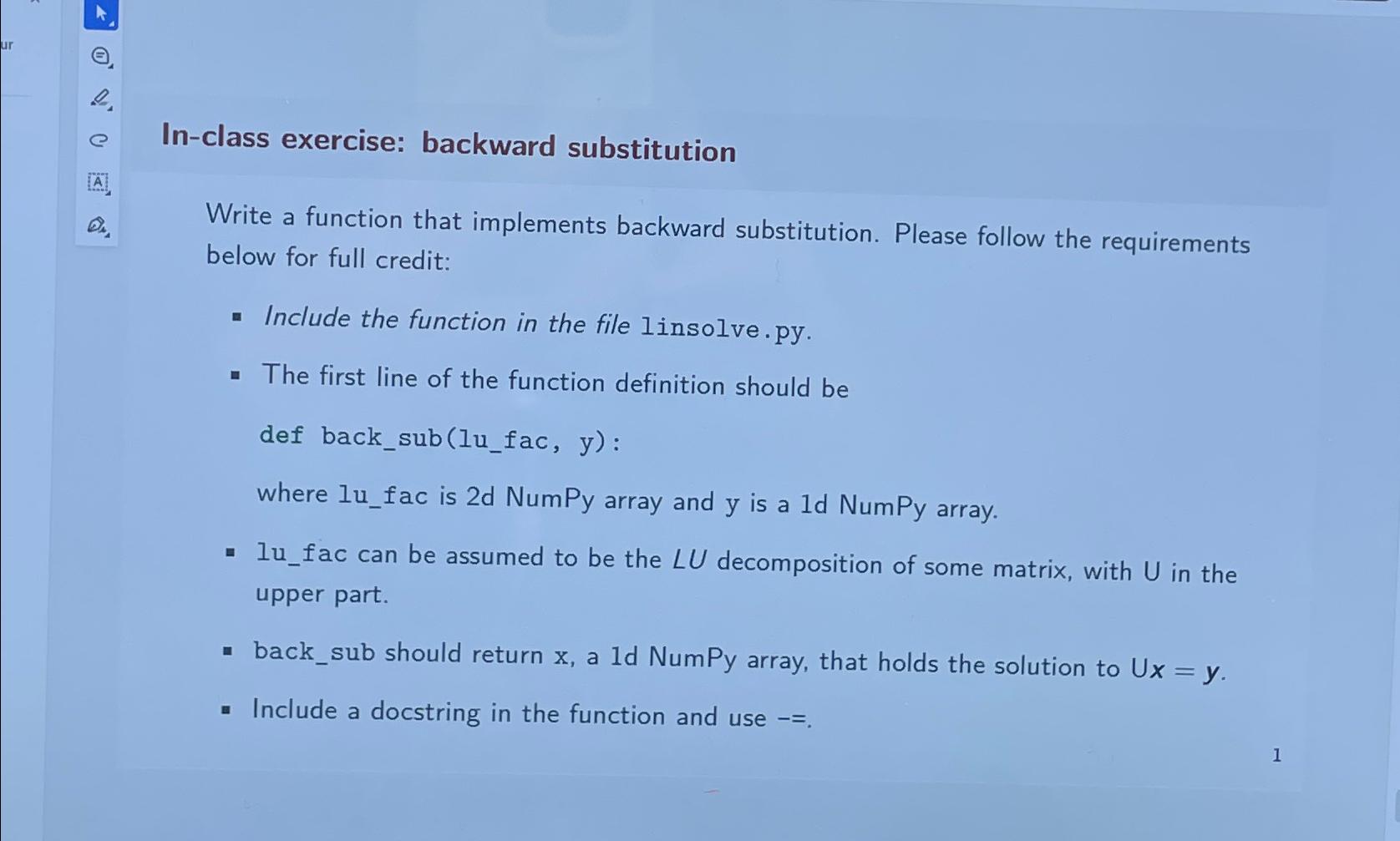 Solved In-class exercise: backward substitutionWrite a | Chegg.com