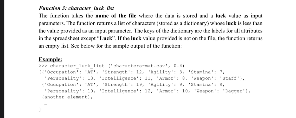 Solved Function 3: character_luck_listThe function takes the | Chegg.com Solved Function 3: character_luck_listThe function takes the | Chegg.com