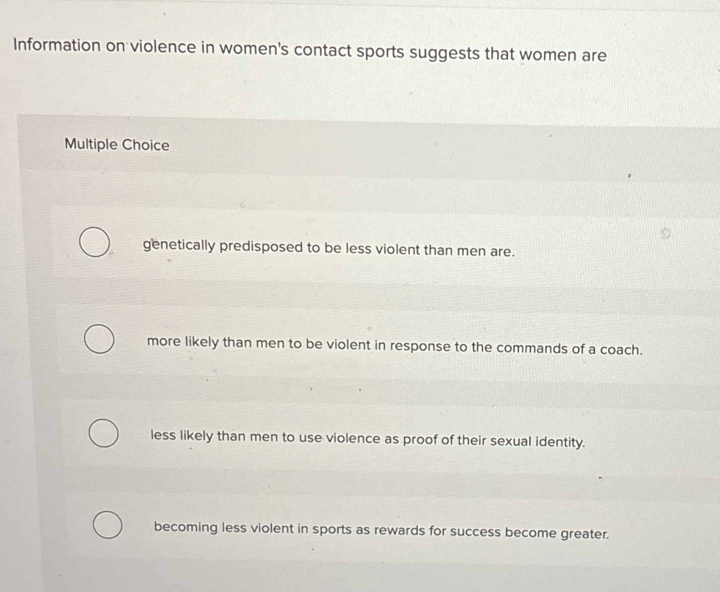 Solved Information on violence in women's contact sports | Chegg.com