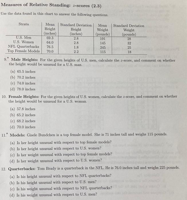 Solved Measures of Relative Standing: z-scores (2.3) Use the | Chegg.com
