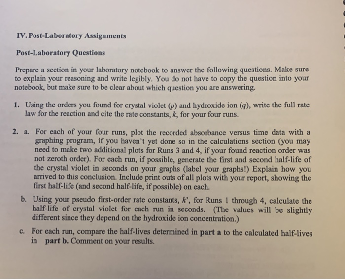 IV. Post-Laboratory Assignments Post-Laboratory | Chegg.com