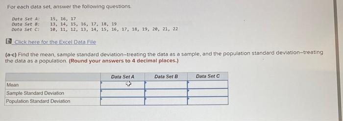 Solved For each data set, answer the following questions | Chegg.com