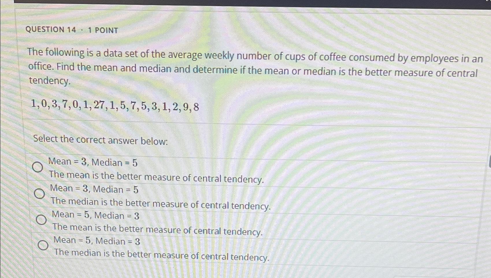 Solved QUESTION 14 - 1 POINTThe following is a data set of | Chegg.com Solved QUESTION 14 - 1 POINTThe following is a data set of | Chegg.com