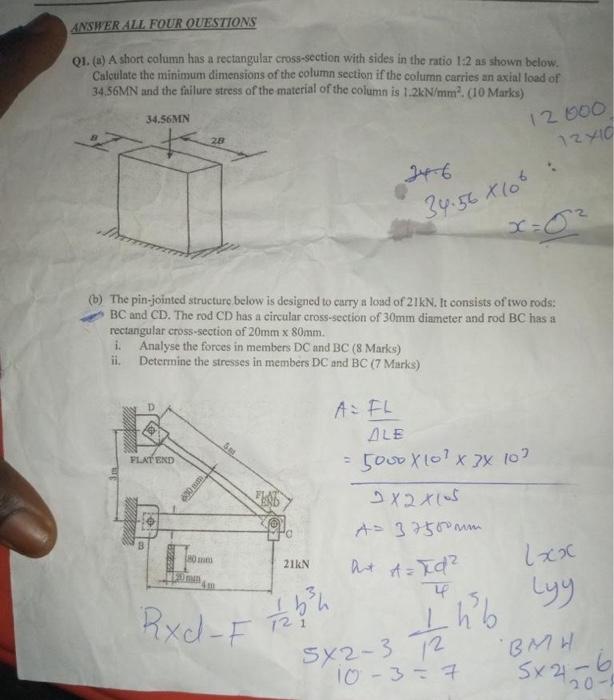 Solved Q1. (a) A short column hins a rectangular | Chegg.com