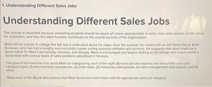 Solved 1. Understanding Different Sales Jobs Understanding | Chegg.com