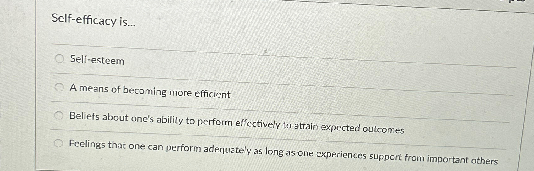 Solved Self-efficacy is...Self-esteemA means of becoming | Chegg.com