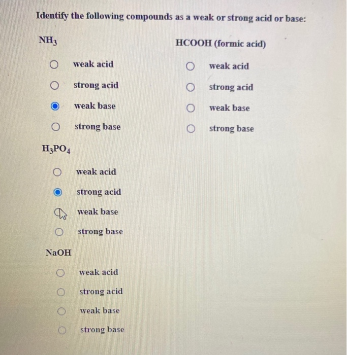 Solved Identify the following compounds as a weak or strong | Chegg.com