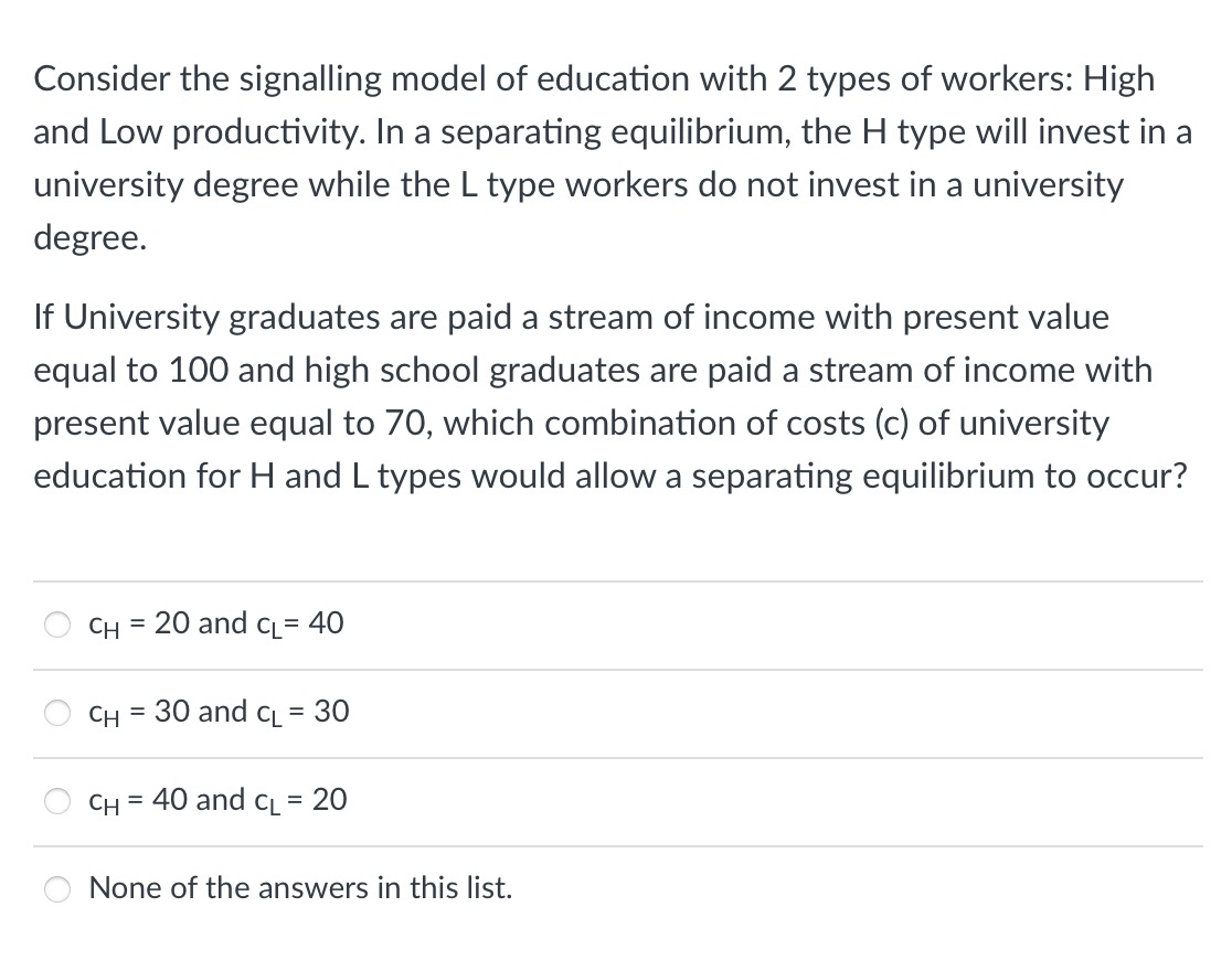 Solved Consider the signalling model of education with 2 | Chegg.com