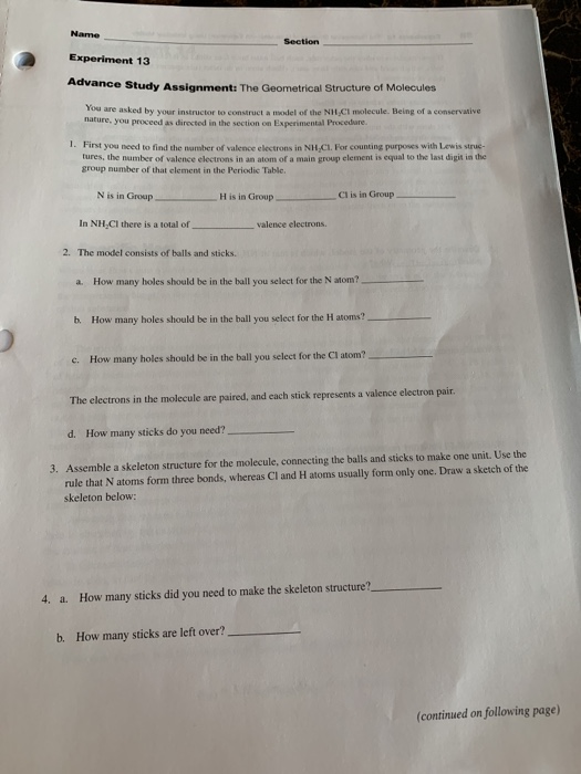 Solved Name Section Experiment 13 Advance Study Assignments | Chegg.com