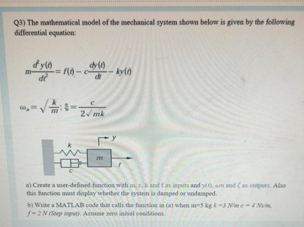 Solved Q3) The mathematical model of the mechanical system | Chegg.com