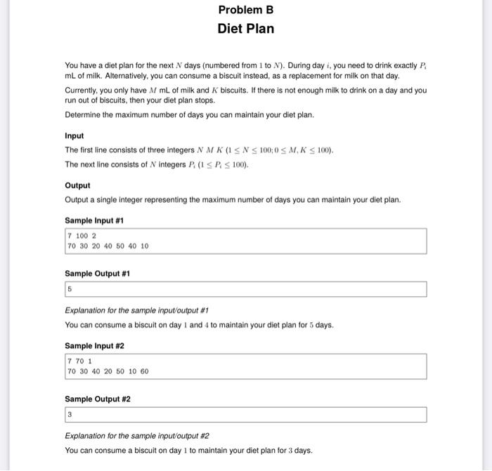Solved Problem B Diet Plan You have a diet plan for the next | Chegg.com