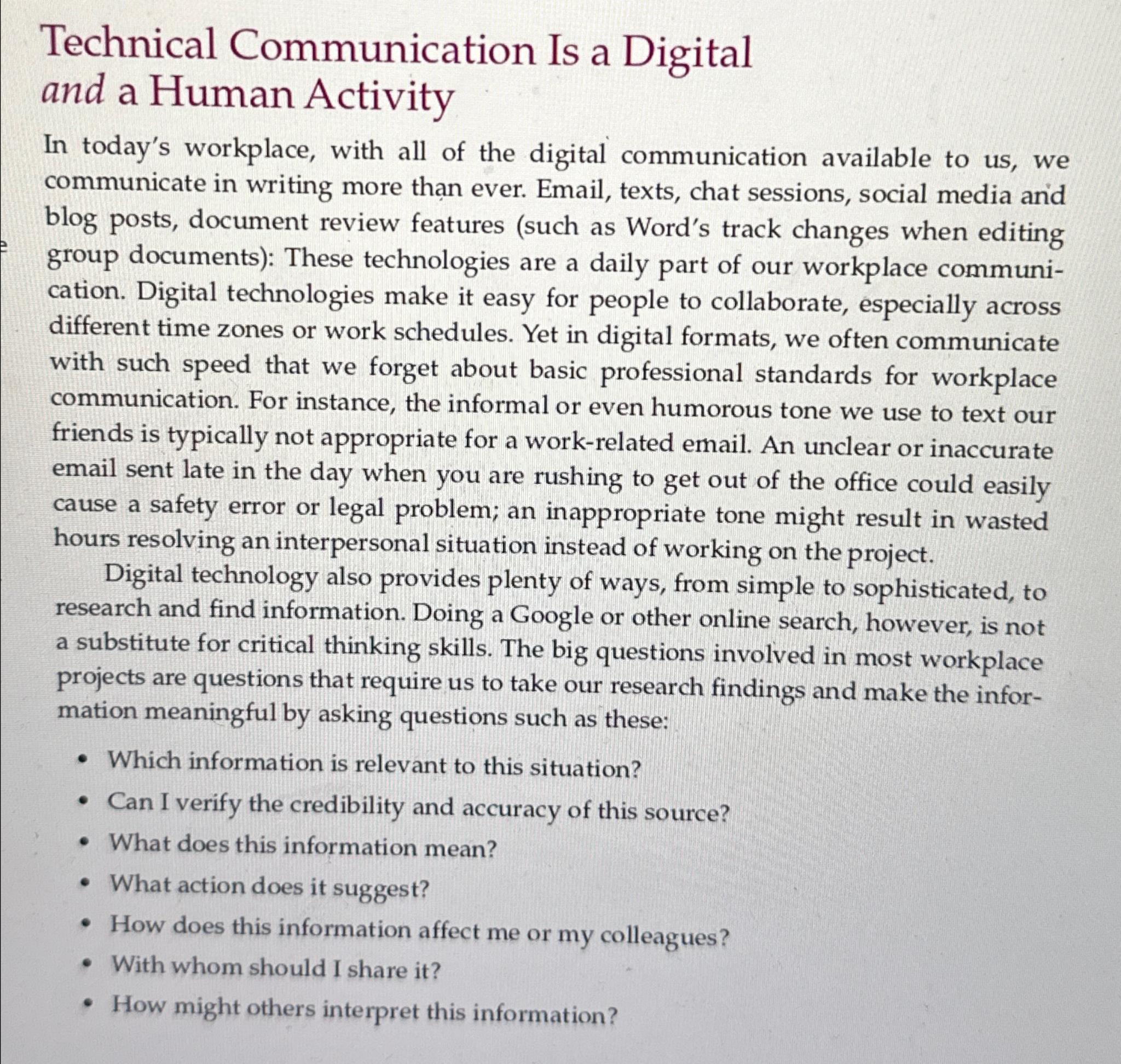 Solved Technical Communication Is a Digital and a Human | Chegg.com