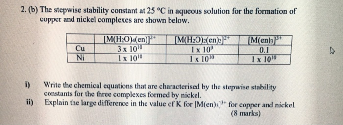 Solved 2. (b) The stepwise stability constant at 25 °C in | Chegg.com