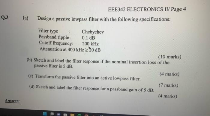 Solved (a) Design a passive lowpass filter with the | Chegg.com
