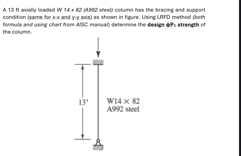 Solved A 13 ﻿ft axially loaded W14×82 (A992 ﻿steel) ﻿column | Chegg.com
