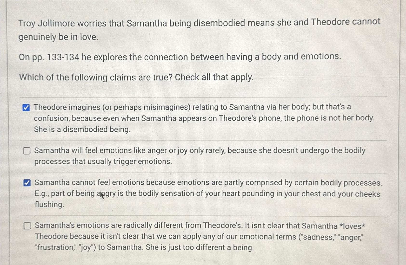 Solved Troy Jollimore worries that Samantha being | Chegg.com
