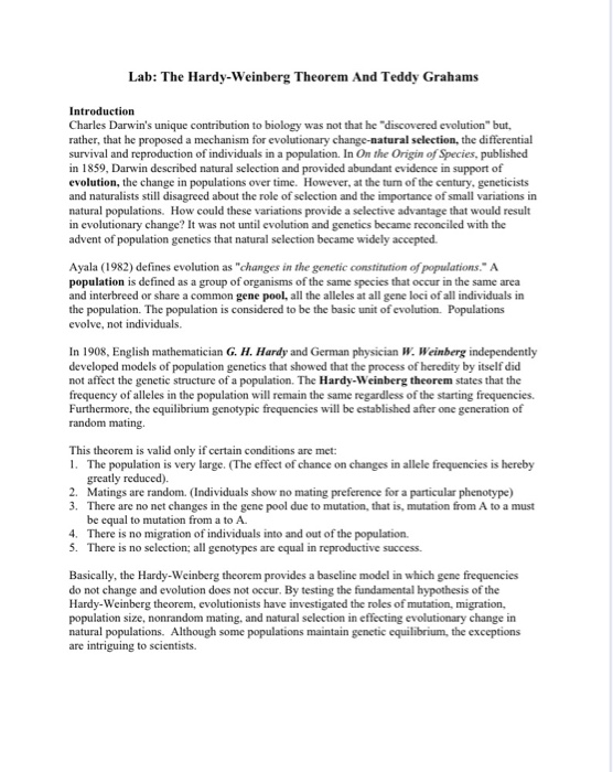 Solved Lab: The Hardy-Weinberg Theorem And Teddy Grahams | Chegg.com