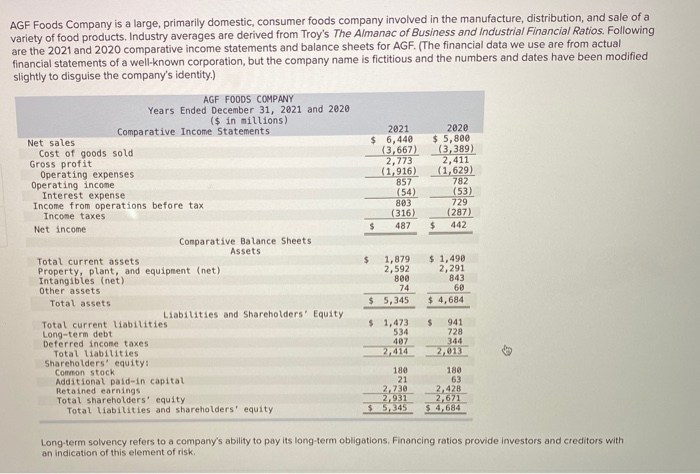 Solved AGF Foods Company is a large, primarily domestic, | Chegg.com