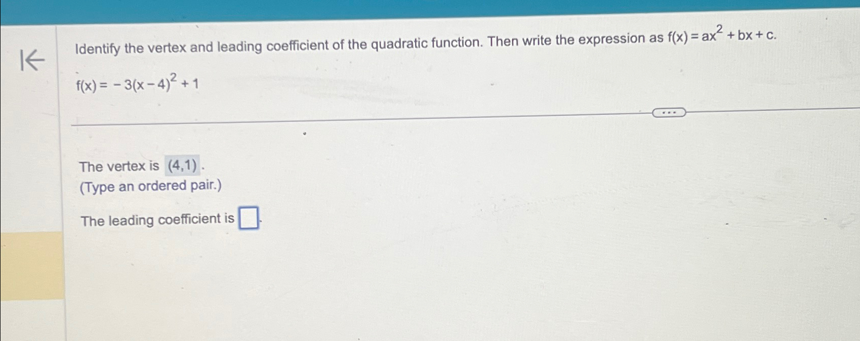 Solved Identify the vertex and leading coefficient of the | Chegg.com