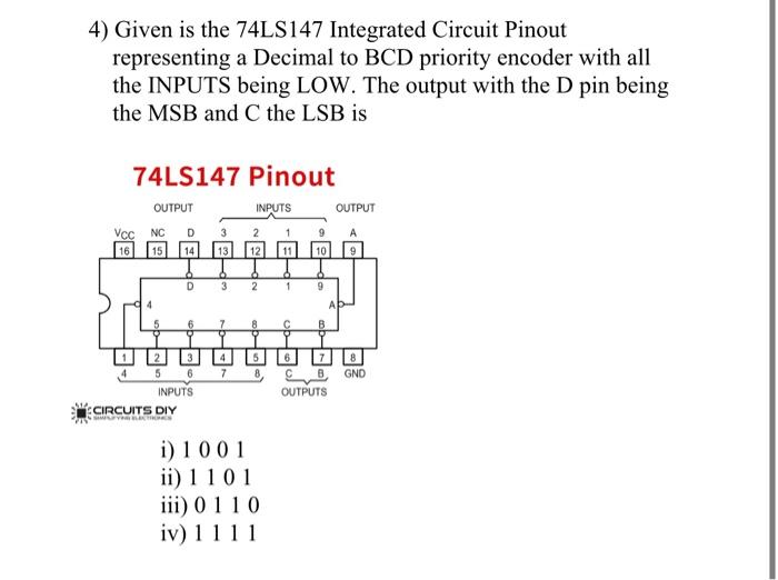 Solved 4) Given is the 74LS147 Integrated Circuit Pinout | Chegg.com