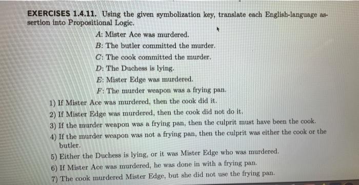Solved EXERCISES 1.4.11. Using the given symbolization key, | Chegg.com