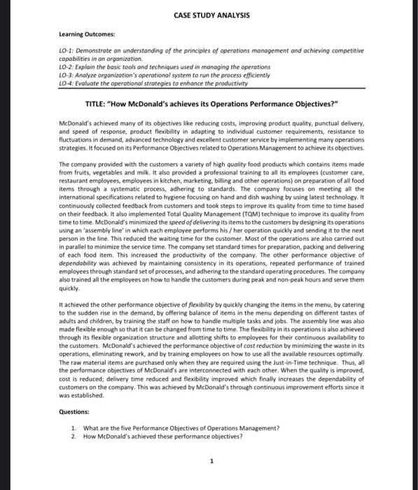 Solved CASE STUDY ANALYSIS Learning Outcomes: LO-1: | Chegg.com