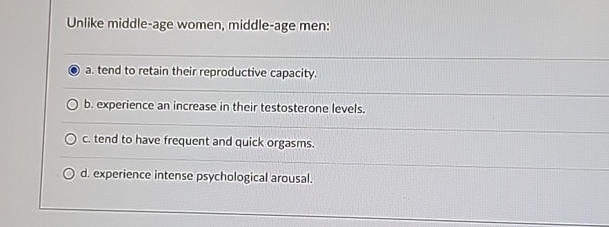 Solved Unlike middle-age women, middle-age men:a. ﻿tend to | Chegg.com