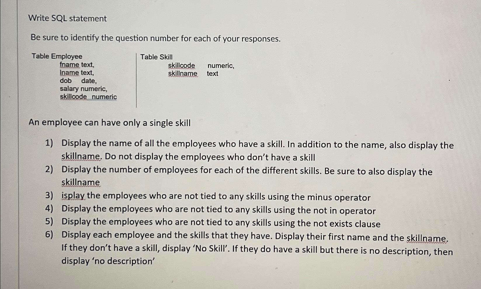 Solved Write SQL statementBe sure to identify the question | Chegg.com