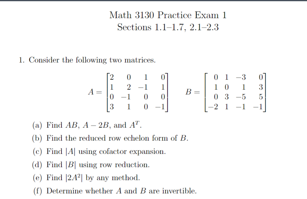 Solved Math 3130 ﻿Practice Exam 1Sections | Chegg.com