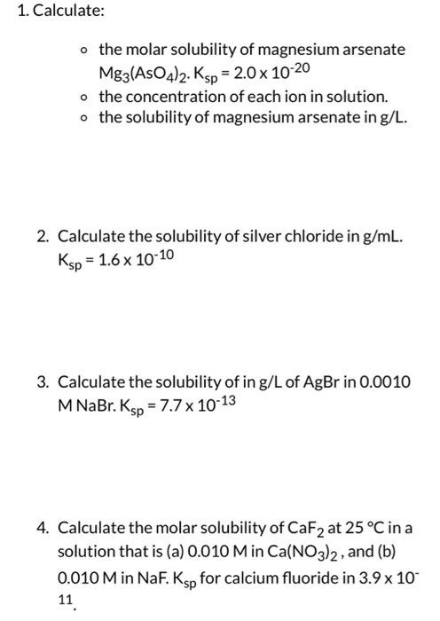 Solved 1. Calculate: - the molar solubility of magnesium | Chegg.com