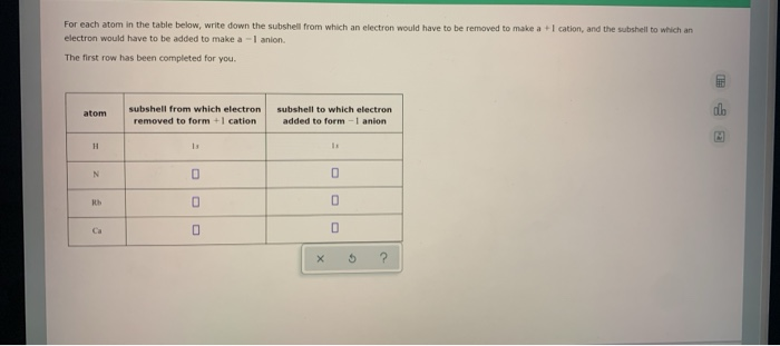 Solved For each atom in the table below, write down the | Chegg.com