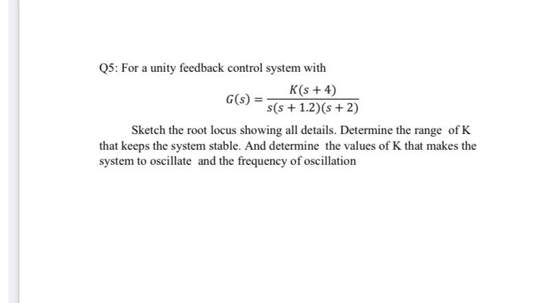Solved Q5: For a unity feedback control system | Chegg.com