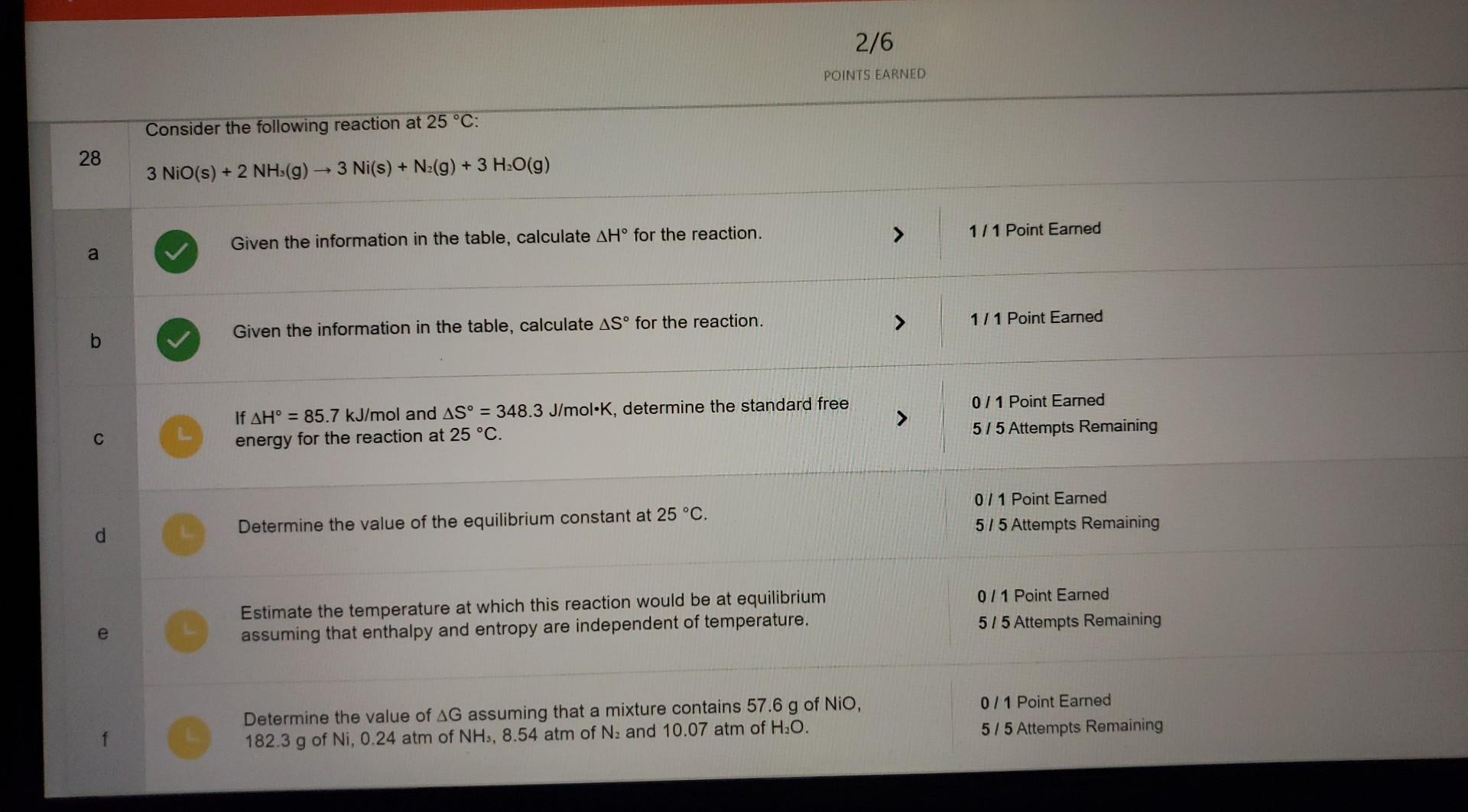 Solved 2/6 POINTS EARNED Consider the following reaction at | Chegg.com