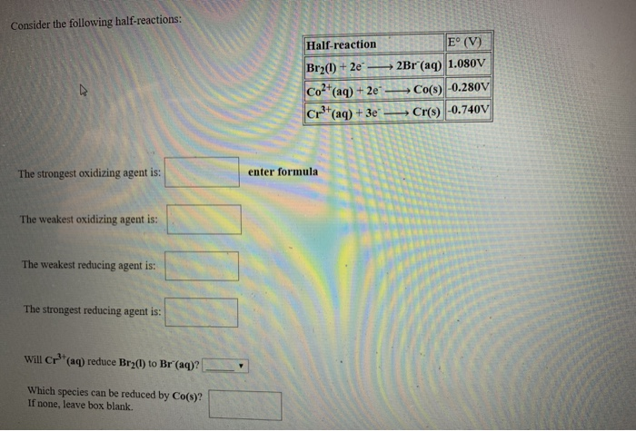 Solved Consider The Following Half Reactions Half Reaction