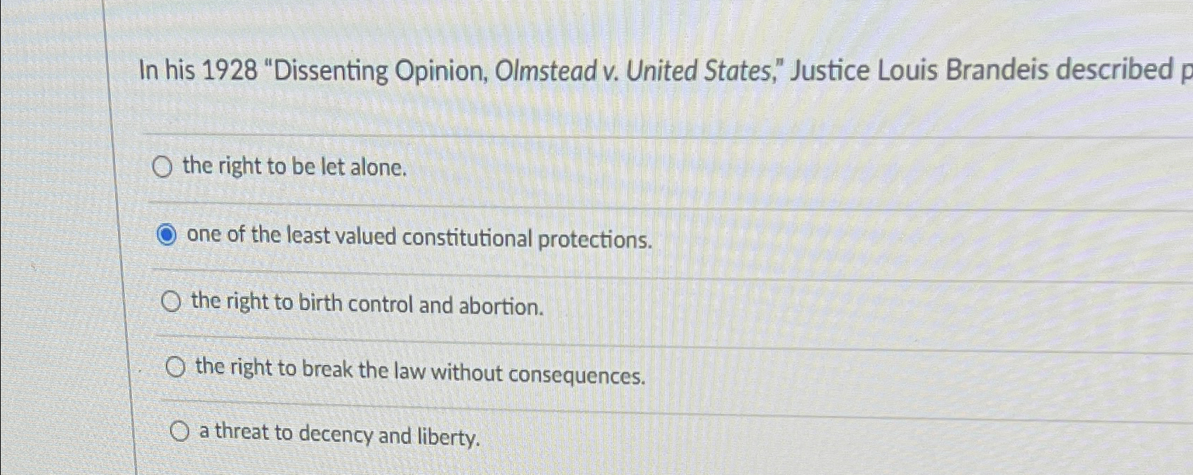 Solved In his 1928 ﻿"Dissenting Opinion, Olmstead v. ﻿United | Chegg.com