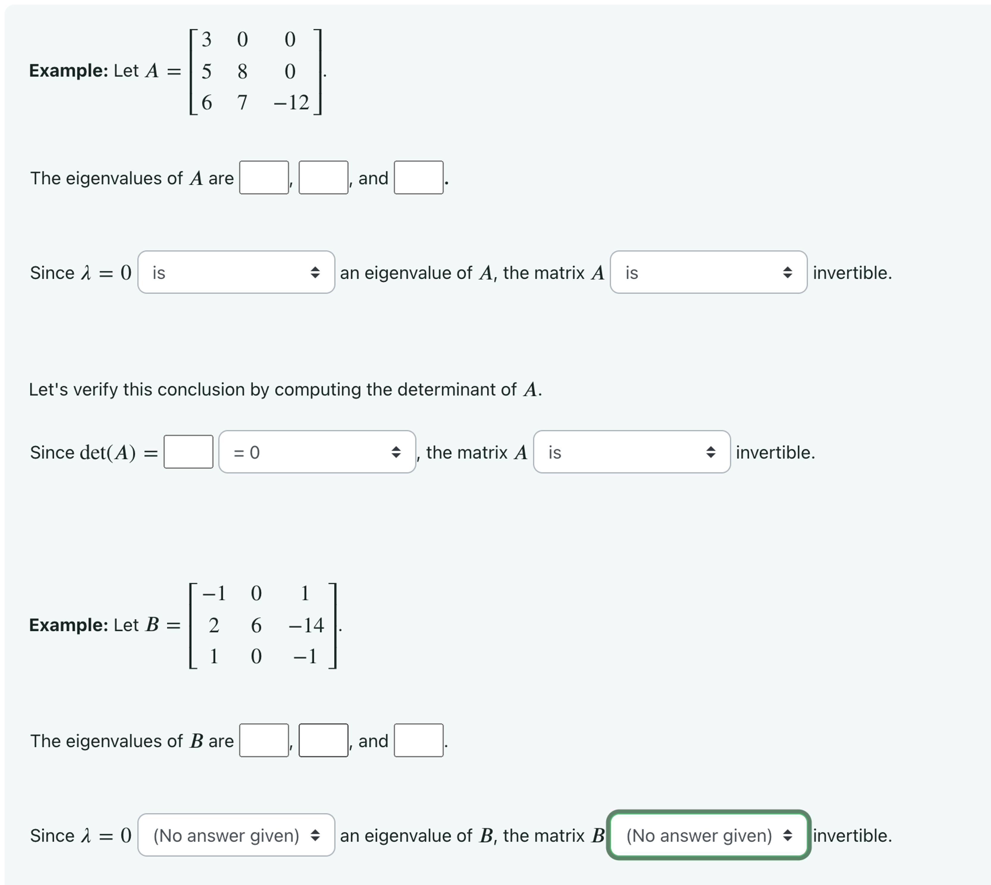 Solved Example: Let A=[30058067-12].The eigenvalues of A | Chegg.com