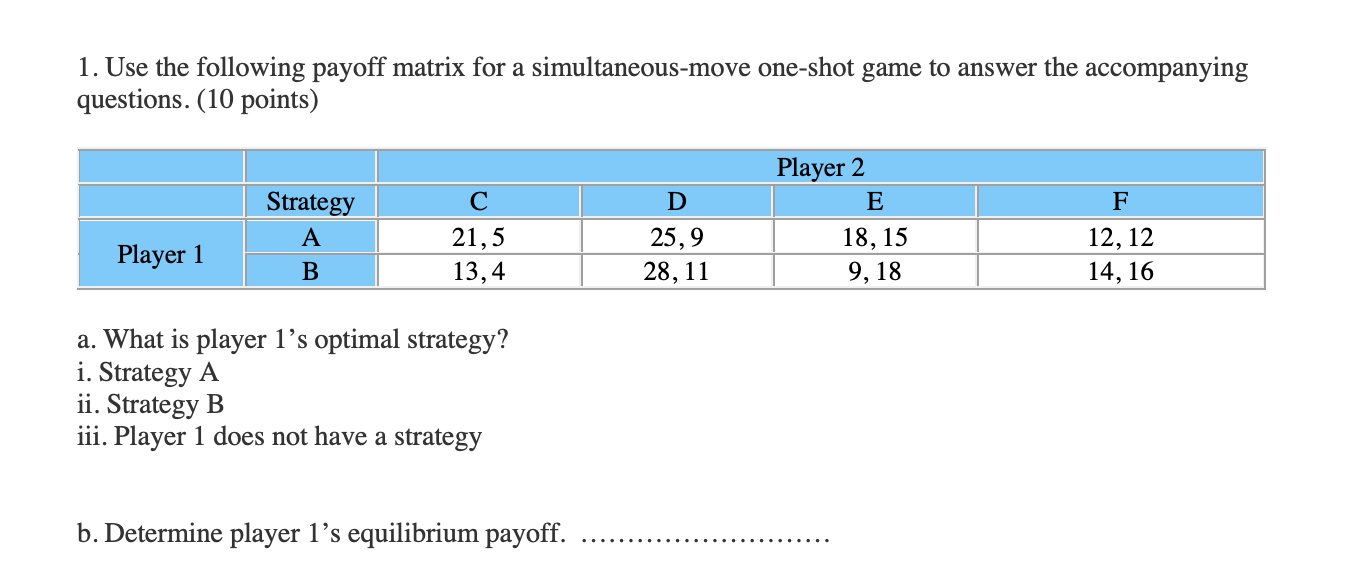 Solved Use the following payoff matrix for a | Chegg.com Solved Use the following payoff matrix for a | Chegg.com